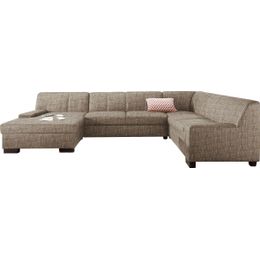 Wohnlandschaft DOMO collection "Norma Top, elegant und modern, flache Armlehnen, komfortabel, U-Form", beige, B:328cm H:77cm T:90cm, Kunstleder SOFTLUX;Struktur (90% Polyester, 10% Polyacryl);NaturLEDER (handschuhweiches Rindsleder) im Sitz und Rücken - Korpus in farblich passendem Kunstleder SOFTLUX, Sofas, wahlweise mit Bettfunktion, mit viel Platz