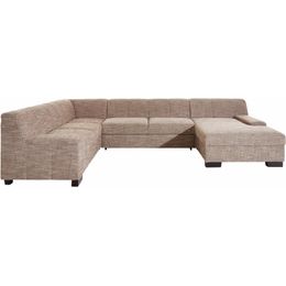 Wohnlandschaft DOMO collection "Norma Top, elegant und modern, flache Armlehnen, komfortabel, U-Form", beige, B:328cm H:77cm T:90cm, Kunstleder SOFTLUX;Struktur (90% Polyester, 10% Polyacryl);NaturLEDER (handschuhweiches Rindsleder) im Sitz und Rücken - Korpus in farblich passendem Kunstleder SOFTLUX, Sofas, wahlweise mit Bettfunktion, mit viel Platz