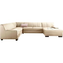 Wohnlandschaft DOMO collection "Norma Top, elegant und modern, flache Armlehnen, komfortabel, U-Form", beige (creme), B:328cm H:77cm T:90cm, Kunstleder SOFTLUX;Struktur (90% Polyester, 10% Polyacryl);NaturLEDER (handschuhweiches Rindsleder) im Sitz und Rücken - Korpus in farblich passendem Kunstleder SOFTLUX, Sofas, wahlweise mit Bettfunktion, mit viel Platz