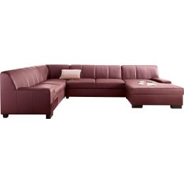Wohnlandschaft DOMO collection "Norma Top, elegant und modern, flache Armlehnen, komfortabel, U-Form", rot (karminrot), B:328cm H:77cm T:90cm, Kunstleder SOFTLUX;Struktur (90% Polyester, 10% Polyacryl);NaturLEDER (handschuhweiches Rindsleder) im Sitz und Rücken - Korpus in farblich passendem Kunstleder SOFTLUX, Sofas, wahlweise mit Bettfunktion, mit viel Platz