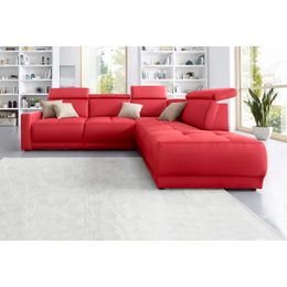 Ecksofa DOMO collection "Ava, moderne Sitzheftung mit toller Doppelnaht, komfortabel, L-Form", rot, B:266cm H:84cm T:99cm, Kunstleder SOFTLUX;Struktur fein (100% Polyester);Zierkissen: Microfaser PRIMABELLE (100% Polyester);Struktur (100% Polyester);Microfaser PRIMABELLE (100% Polyester), Sofas, Ecksofa, mit Ottomane, inkl. Federkern, wahlweise mit Kopfteilverstellungen
