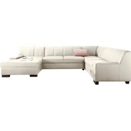 Wohnlandschaft DOMO collection "Norma Top, elegant und modern, flache Armlehnen, komfortabel, U-Form", beige (porzellan), B:328cm H:77cm T:90cm, Kunstleder SOFTLUX;Struktur (90% Polyester, 10% Polyacryl);NaturLEDER (handschuhweiches Rindsleder) im Sitz und Rücken - Korpus in farblich passendem Kunstleder SOFTLUX, Sofas, wahlweise mit Bettfunktion, mit viel Platz