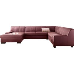 Wohnlandschaft DOMO collection "Norma Top, elegant und modern, flache Armlehnen, komfortabel, U-Form", rot (karminrot), B:328cm H:77cm T:90cm, Kunstleder SOFTLUX;Struktur (90% Polyester, 10% Polyacryl);NaturLEDER (handschuhweiches Rindsleder) im Sitz und Rücken - Korpus in farblich passendem Kunstleder SOFTLUX, Sofas, wahlweise mit Bettfunktion, mit viel Platz