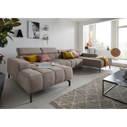 Wohnlandschaft DOMO collection "Cunelli tolle Sitznähte als Designelement, fester Sitzkomfort, U-Form", braun (schlamm), B:376cm H:79cm T:175cm, Sofas, wahlweise mit Kopfteilverstellung, bodenfrei