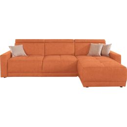 Ecksofa DOMO collection "Ava mit moderner Sitzheftung & toller Doppelnaht, komfortabel, L-Form", orange (terrakotta), B:262cm H:84cm T:167cm, Kunstleder SOFTLUX;Struktur fein (100% Polyester);Zierkissen: Microfaser PRIMABELLE (100% Polyester);Struktur (100% Polyester);Microfaser PRIMABELLE (100% Polyester), Sofas, Ecksofa, mit Recamiere, inkl. Federkern, wahlweise mit Kopfteilverstellungen