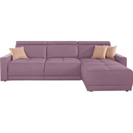 Ecksofa DOMO collection "Ava mit moderner Sitzheftung & toller Doppelnaht, komfortabel, L-Form", lila (flieder), B:262cm H:84cm T:167cm, Kunstleder SOFTLUX;Struktur fein (100% Polyester);Zierkissen: Microfaser PRIMABELLE (100% Polyester);Struktur (100% Polyester);Microfaser PRIMABELLE (100% Polyester), Sofas, Ecksofa, mit Recamiere, inkl. Federkern, wahlweise mit Kopfteilverstellungen