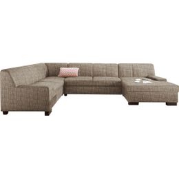 Wohnlandschaft DOMO collection "Norma Top, elegant und modern, flache Armlehnen, komfortabel, U-Form", beige, B:328cm H:77cm T:90cm, Kunstleder SOFTLUX;Struktur (90% Polyester, 10% Polyacryl);NaturLEDER (handschuhweiches Rindsleder) im Sitz und Rücken - Korpus in farblich passendem Kunstleder SOFTLUX, Sofas, wahlweise mit Bettfunktion, mit viel Platz