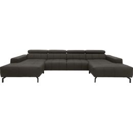 Wohnlandschaft DOMO collection "Cunelli tolle Sitznähte als Designelement, fester Sitzkomfort, U-Form", grau, B:376cm H:79cm T:175cm, Lederlook;100% Polyurethan, Sofas, wahlweise mit Kopfteilverstellung, bodenfrei