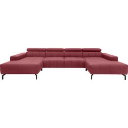 Wohnlandschaft DOMO collection "Cunelli tolle Sitznähte als Designelement, fester Sitzkomfort, U-Form", rot, B:376cm H:79cm T:175cm, Sofas, wahlweise mit Kopfteilverstellung, bodenfrei