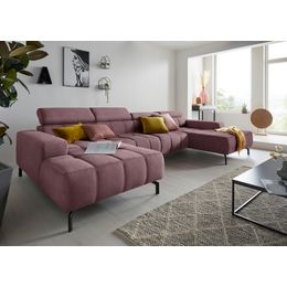 Wohnlandschaft DOMO collection "Cunelli tolle Sitznähte als Designelement, fester Sitzkomfort, U-Form", lila (beere), B:376cm H:79cm T:175cm, Sofas, wahlweise mit Kopfteilverstellung, bodenfrei