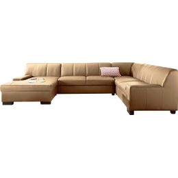 Wohnlandschaft DOMO collection "Norma Top, elegant und modern, flache Armlehnen, komfortabel, U-Form", braun (cappuccino), B:328cm H:77cm T:90cm, Kunstleder SOFTLUX;Struktur (90% Polyester, 10% Polyacryl);NaturLEDER (handschuhweiches Rindsleder) im Sitz und Rücken - Korpus in farblich passendem Kunstleder SOFTLUX, Sofas, wahlweise mit Bettfunktion, mit viel Platz