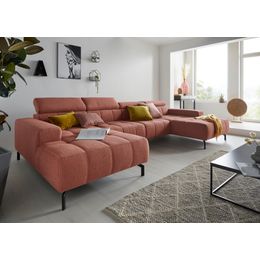 Wohnlandschaft DOMO collection "Cunelli tolle Sitznähte als Designelement, fester Sitzkomfort, U-Form", rot (lachs), B:376cm H:79cm T:175cm, Sofas, wahlweise mit Kopfteilverstellung, bodenfrei