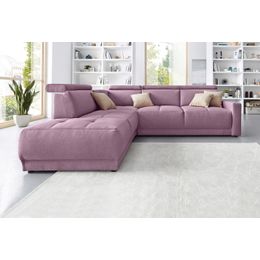 Ecksofa DOMO collection "Ava, moderne Sitzheftung mit toller Doppelnaht, komfortabel, L-Form", lila (flieder), B:266cm H:84cm T:99cm, Kunstleder SOFTLUX;Struktur fein (100% Polyester);Zierkissen: Microfaser PRIMABELLE (100% Polyester);Struktur (100% Polyester);Microfaser PRIMABELLE (100% Polyester), Sofas, Ecksofa, mit Ottomane, inkl. Federkern, wahlweise mit Kopfteilverstellungen