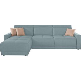Ecksofa DOMO collection "Ava mit moderner Sitzheftung & toller Doppelnaht, komfortabel, L-Form", blau (aqua), B:262cm H:84cm T:167cm, Kunstleder SOFTLUX;Struktur fein (100% Polyester);Zierkissen: Microfaser PRIMABELLE (100% Polyester);Struktur (100% Polyester);Microfaser PRIMABELLE (100% Polyester), Sofas, Ecksofa, mit Recamiere, inkl. Federkern, wahlweise mit Kopfteilverstellungen