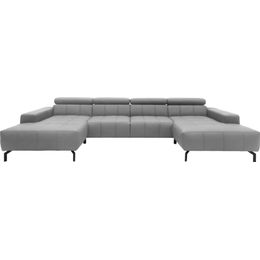 Wohnlandschaft DOMO collection "Cunelli tolle Sitznähte als Designelement, fester Sitzkomfort, U-Form", grau (hellgrau), B:376cm H:79cm T:175cm, Sofas, wahlweise mit Kopfteilverstellung, bodenfrei