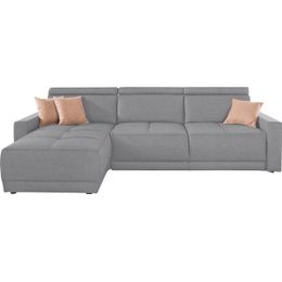 Ecksofa DOMO collection "Ava mit moderner Sitzheftung & toller Doppelnaht, komfortabel, L-Form", grau, B:262cm H:84cm T:167cm, Kunstleder SOFTLUX;Struktur fein (100% Polyester);Zierkissen: Microfaser PRIMABELLE (100% Polyester);Struktur (100% Polyester);Microfaser PRIMABELLE (100% Polyester), Sofas, Ecksofa, mit Recamiere, inkl. Federkern, wahlweise mit Kopfteilverstellungen