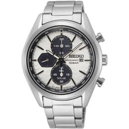 Seiko Chronograph Armbanduhr, Herrenuhr, Datum, Stoppfunktion, Solar, Saphirglas silberfarben Mondäner Chronograph für Herren