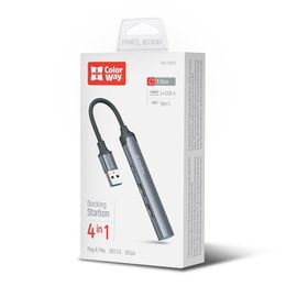 ColorWay USB-Hub 4-in-1, USB 3.0 Dockingstation, 3X USB-A und Type-C Anschlüsse, 5 Gbps, Aluminium, Grau