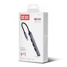 ColorWay USB-C Hub 4-in-1, 3x USB 2.0 und 1x USB 3.0 Anschlüsse, 5 Gbit/s, Aluminium-Dockingstation, Grau