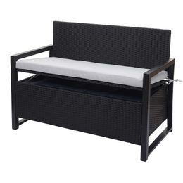 Poly-Rattan 2er Sitzbank MCW-F39, Gartenbank Truhenbank, Staufach Aufbewahrung Sitzkissen ~ anthrazit, Kissen grau