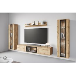 Wohnwand Inosign "Caro, stehend und hängend montierbar", braun (eichefarben votan), B:262cm H:142cm T:33cm, Holzwerkstoff, Kastenmöbel-Sets, grifflose Design, höhenverstellbare Einlegeböden