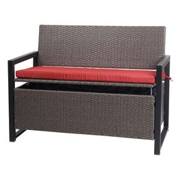 Poly-Rattan 2er Sitzbank MCW-F39, Gartenbank Truhenbank, Staufach Aufbewahrung Sitzkissen ~ grau-meliert, Kissen rot