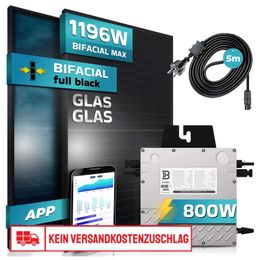 SUNNIVA&reg; 920W Balkonkraftwerk BIFAZIAL FULLBLACK komplett Steckdose Beny 800 Watt Wechselrichter, PV Solaranlage Komplettset, 2x 460W N-Type Glas-Glas Bifacial Solarmodule, 5m Kabel & 4x 1m Solarkabel