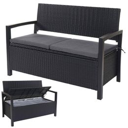 Poly-Rattan 2er Sitzbank MCW-F39, Gartenbank Truhenbank, Staufach Aufbewahrung Sitzkissen ~ grau-meliert, Kissen grau