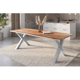 Baumkantentisch Akazie natur mit schwarzen Resin-Adern 300 x 100 cm X-Gestell silber POLLY