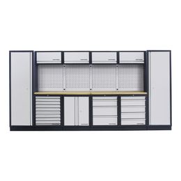 Kraftwerk 6-Element-Schrankwand mit Vierkantlochwand Länge 3920 mm Multiplex-Arbeitsplatte (3964F)