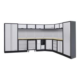 Kraftwerk 8-Element-Schrankwand mit Vierkantlochwand Länge 3819 mm 2824 mm Multiplex-Arbeitsplatten (3964E)