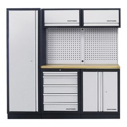 Kraftwerk 3-Element-Schrankwand mit Vierkantlochwand und Multiplex-Arbeitsplatte (Länge:2000 mm, Höhe:2000 mm, Tiefe:600 mm) für Werkzeugaufbewahrung KW2000, 3964A)