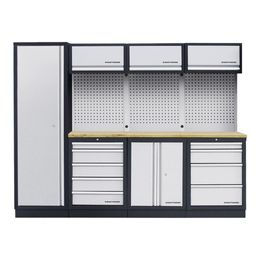 Kraftwerk 4-Element-Schrankwand mit Vierkantlochwand Länge 2640 mm Multiplex-Arbeitsplatte (3964B)