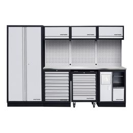 Kraftwerk 4-Element-Schrankwand mit Vierkantlochwand Länge 2955 mm Inox-Arbeitsplatte (3964DIX)