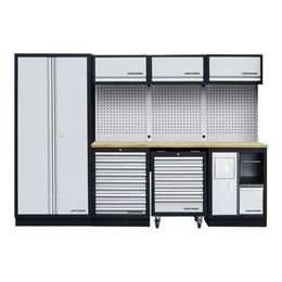 Kraftwerk 4-Element-Schrankwand mit Vierkantlochwand Länge 2955 mm Multiplex-Arbeitsplatten (3964D)