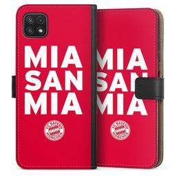 DeinDesign Galaxy A22 5G Handy Klapph&uuml;lle Handyh&uuml;lle aus Kunst Leder schwarz Flip Case Fc Bayern M&uuml;nchen Mia San Mia Fcb Sideflip mit langer Lasche