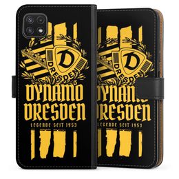 DeinDesign Galaxy A22 5G Handy Klapph&uuml;lle Handyh&uuml;lle aus Kunst Leder schwarz Flip Case Sgd Statement Sg Dynamo Dresden Sideflip mit langer Lasche