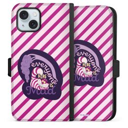 DeinDesign iPhone 15 Handy Klapph&uuml;lle Handyh&uuml;lle aus Kunst Leder schwarz Flip Case Disney Grinning Cat Alice In Wonderland Sideflip mit Lasche