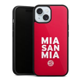 DeinDesign iPhone 15 Handy Gallery Case Handyh&uuml;lle 9H Geh&auml;rtetes Glas R&uuml;ckseite H&uuml;lle Fcb Mia San Mia Fc Bayern M&uuml;nchen Gallery Case