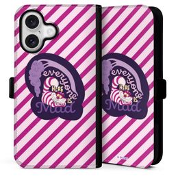 DeinDesign iPhone 16 Handy Klapph&uuml;lle Handyh&uuml;lle aus Kunst Leder schwarz Flip Case Disney Grinning Cat Alice In Wonderland Sideflip mit Lasche