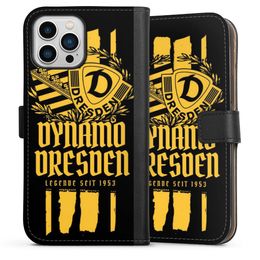 DeinDesign iPhone 13 Pro Max Handy Klapph&uuml;lle Handyh&uuml;lle aus Kunst Leder schwarz Flip Case Sg Dynamo Dresden Statement Sgd Sideflip mit langer Lasche