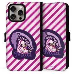 DeinDesign iPhone 16 Pro Handy Klapph&uuml;lle Handyh&uuml;lle aus Kunst Leder schwarz Flip Case Disney Grinning Cat Alice In Wonderland Sideflip mit Lasche