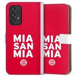 DeinDesign Galaxy A33 5G Handy Klapph&uuml;lle Handyh&uuml;lle aus Kunst Leder wei&szlig; Flip Case Fc Bayern M&uuml;nchen Mia San Mia Fcb Sideflip mit Lasche