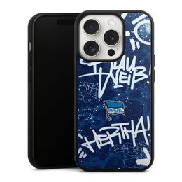DeinDesign iPhone 15 Pro Handy Gallery Case Handyh&uuml;lle 9H Geh&auml;rtetes Glas R&uuml;ckseite H&uuml;lle Official Licensed Product Hertha Bsc Graffiti Gallery Case