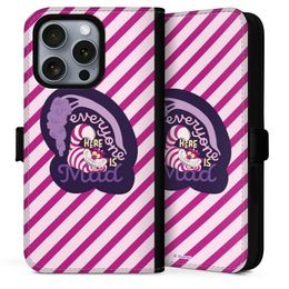 DeinDesign iPhone 16 Pro Max Handy Klapph&uuml;lle Handyh&uuml;lle aus Kunst Leder schwarz Flip Case Disney Grinning Cat Alice In Wonderland Sideflip mit Lasche