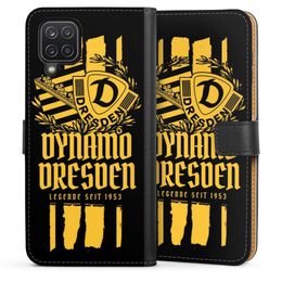 DeinDesign Galaxy A12 Handy Klapph&uuml;lle Handyh&uuml;lle aus Kunst Leder schwarz Flip Case Sg Dynamo Dresden Statement Sgd Sideflip mit langer Lasche