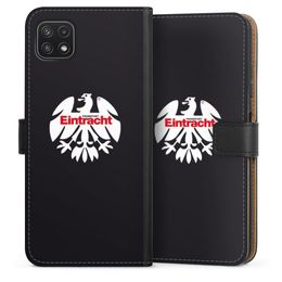 DeinDesign Galaxy A22 5G Handy Klapph&uuml;lle Handyh&uuml;lle aus Kunst Leder schwarz Flip Case Logo Retro Eagle Sideflip mit langer Lasche