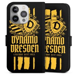 DeinDesign iPhone 14 Pro Handy Klapph&uuml;lle Handyh&uuml;lle aus Kunst Leder schwarz Flip Case Sg Dynamo Dresden Statement Sgd Sideflip mit langer Lasche