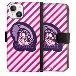 DeinDesign iPhone 14 Handy Klapph&uuml;lle Handyh&uuml;lle aus Kunst Leder schwarz Flip Case Disney Grinning Cat Alice In Wonderland Sideflip mit Lasche