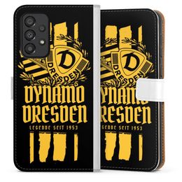 DeinDesign Galaxy A33 5G Handy Klapph&uuml;lle Handyh&uuml;lle aus Kunst Leder wei&szlig; Flip Case Sgd Statement Sg Dynamo Dresden Sideflip mit Lasche